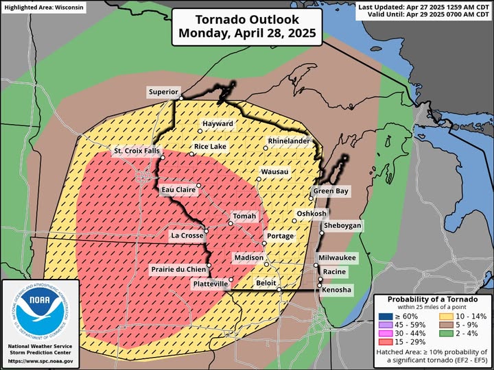Severe weather chances on Monday April 28th - WRPQ - Baraboo